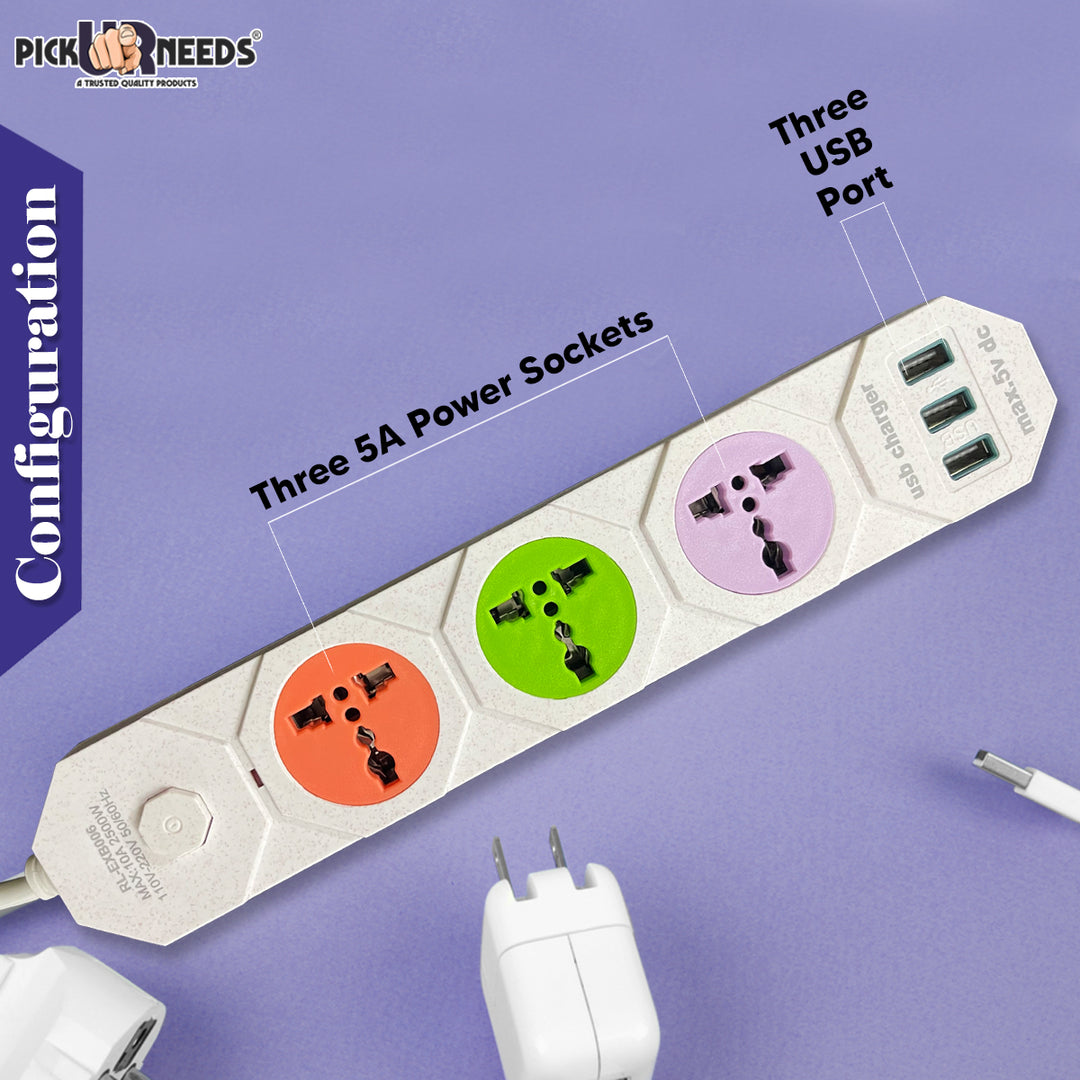 Pick Ur Needs 10A 3 -Way Extension Board Socket with 3 USB Socket 3 So