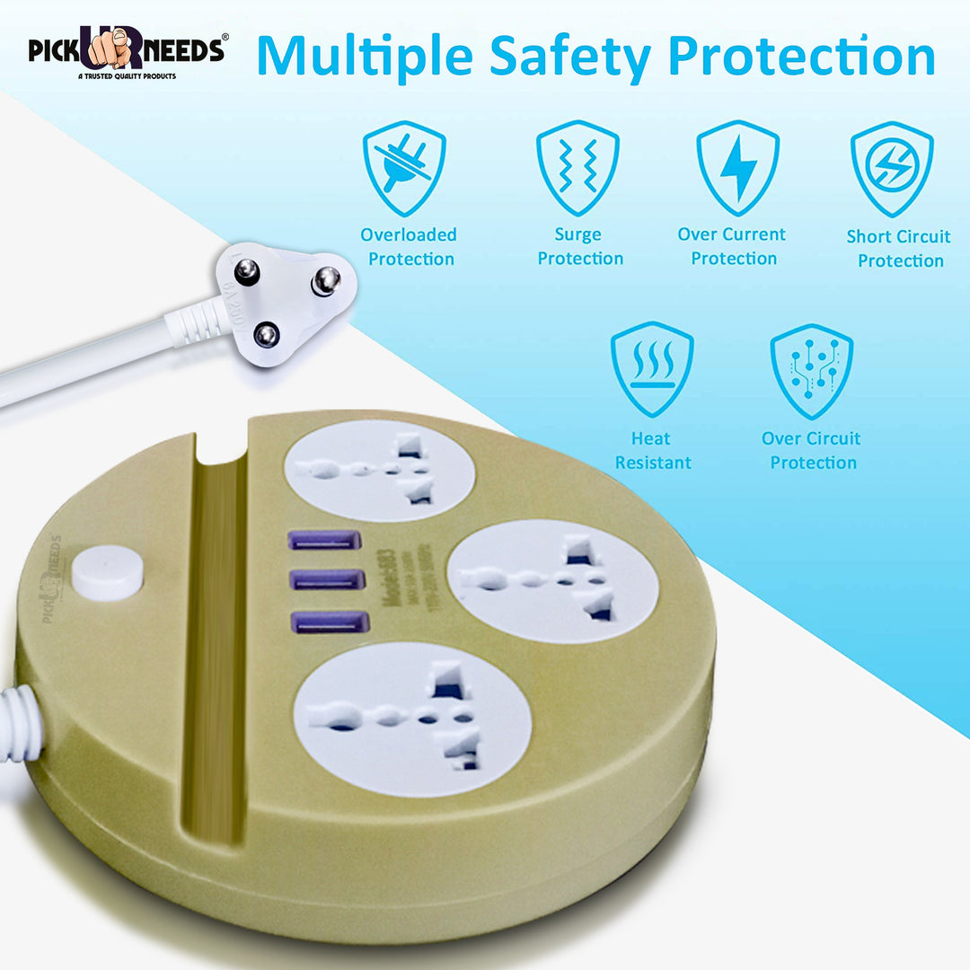 Pick Ur Needs Extension Cord Board with 3 USB Charging Ports and 3 Soc